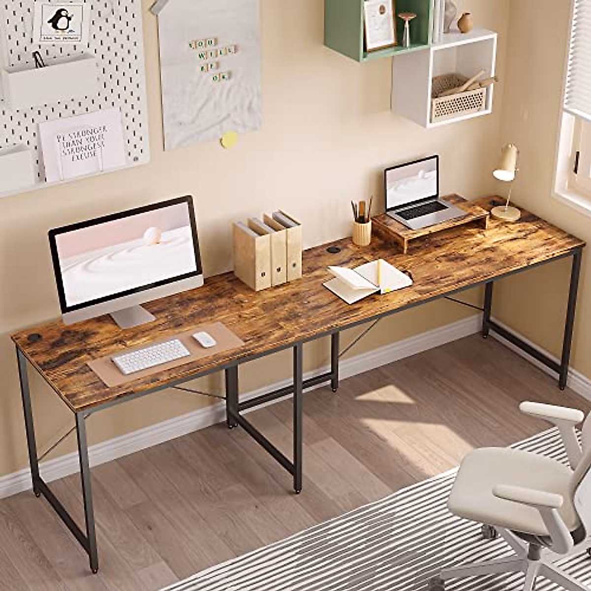 Bestier L Shaped Desk 95.2 Inch 2 Person Long Desk or Reversible Corner Computer Desk for Home Office Large Craft Table U Shaped Gaming Workstation with Monitor Stand & 3 Cable Holes, Rustic Brown