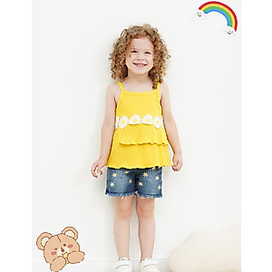 itkidboy Toddler Baby Girls Clothes Ruffle Cami Tank Flower Tops Blouse Denim Shorts Pants Kids Summer Outfit Set(3-4T)