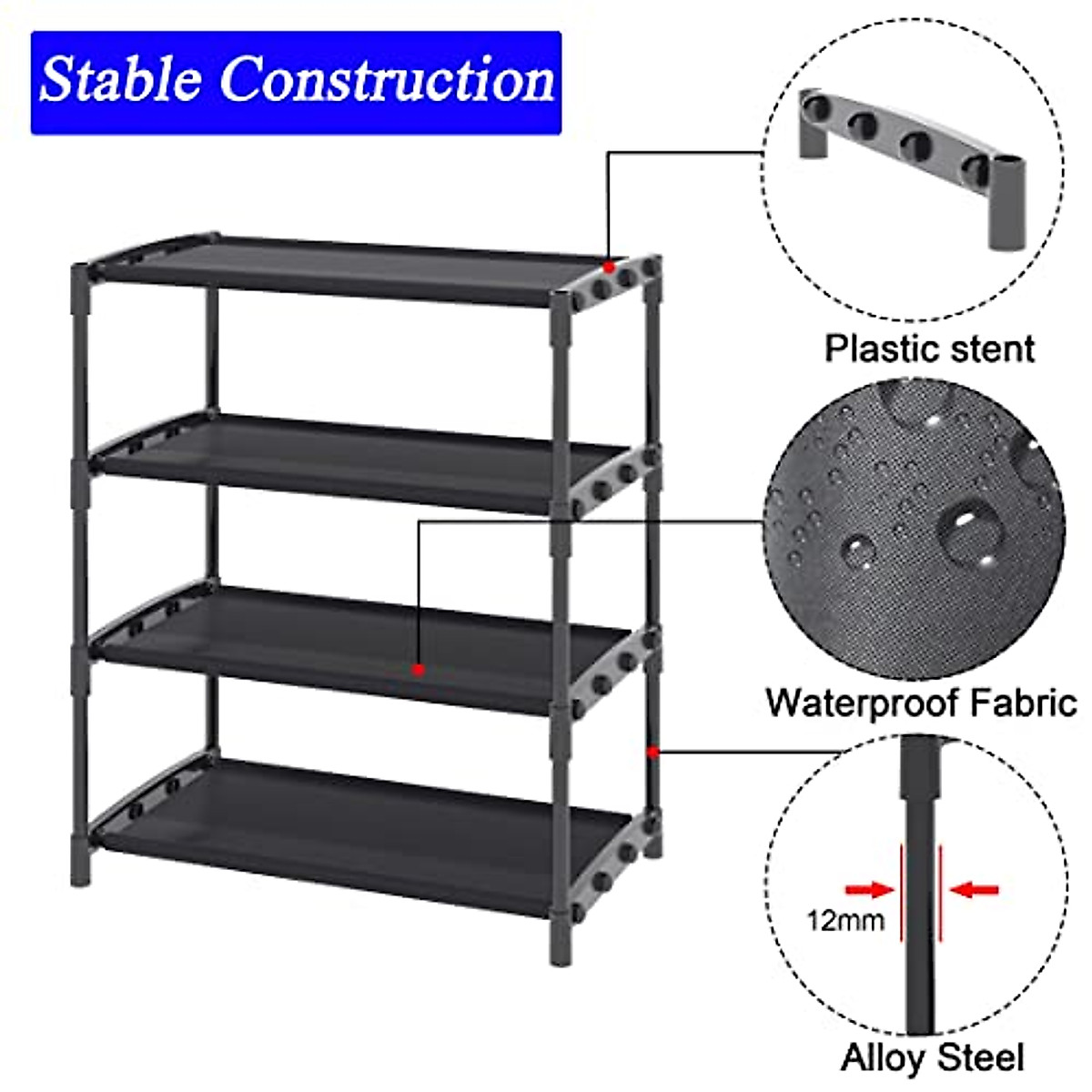 SHELAKET 4 Tiers Shoe Rack, Stackable Organizer for 8-10 Pairs, Non-Woven Fabric Expandable Shoe Shelf Storage Cabinet for Narrow Small Space（HG-Black）