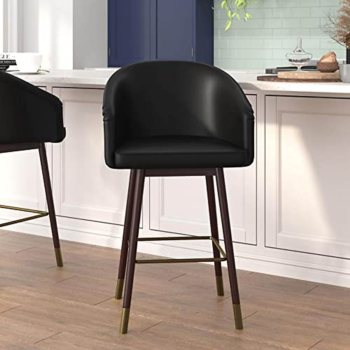 Flash Furniture Margo Commercial Grade Mid-Back Counter Stool - Black LeatherSoft Upholstery - Walnut Finish Beechwood Legs with Soft Bronze Accents - 26" Barstool