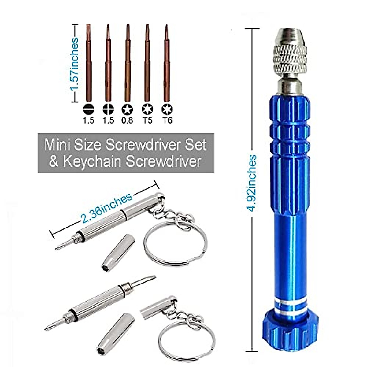 Eyeglass Repair Kit, 5-in-1 Multifunctional Precision Screwdriver Set (torxT5~T6,+1.5,-1.5,star0.8) with Mini Keychain Screwdriver for Glasses, Cellphone, Electronics, Watch, Laptop, Jewelry