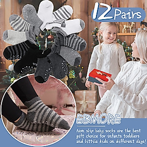 EBMORE Baby Toddlers Ankle Non Slip Grips Socks for Infant Boys Girls Kids Anti Skid Cotton Socks (Grey Striped（12 Pairs）,1-3 Y)