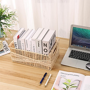 HNFNGSZL Wicker Storage Basket, Hand-Woven Baskets for Organizing, Recyclable Paper Rope Basket with Wood Handles, Decorative Basket Organizers for Makeup Books Shelves Living Room, Beige, Set of 2