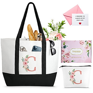 Personalized Customized Friend Birthday Gifts, Floral Ini-tial Large Tote Bag for Women, Can-vas Beach Bag w Makeup Bag, Bridesmaid Grandma Mother Gifts w Inner Pocket, Top Zi-pper, Gift Box, Card C