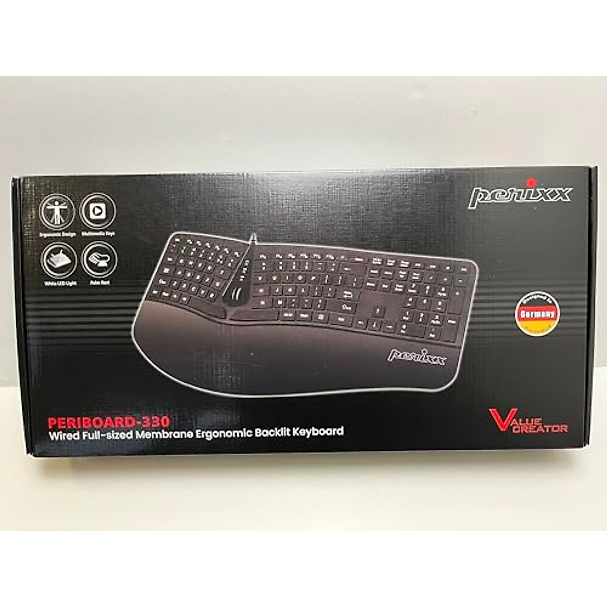 Perixx PERIBOARD-330B, Wired Ergonomic Keyboard with Adjustable Wrist Rest, Illuminated Keys, and Membrane Low Profile Keys, 2 Extra USB Ports, US English Layout