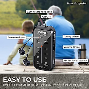 Pocket Radio Mini AM FM Stereo Radio Portable Battery Operated Radio, Includes Headphones, with Back Clip and Signal Indicator, Operated by AAA Batteries for Walking and Jogging, J-985 by PRUNUS