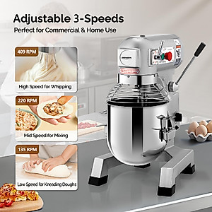 ROVSUN 10Qt Commercial Food Mixer, 550W Electric Commercial Stand Mixer Heavy Duty with Adjustable 3 Speed, Stainless Steel Bowl, Dough Hooks Whisk Beater, Perfect for Bakery Pizzeria Restaurants