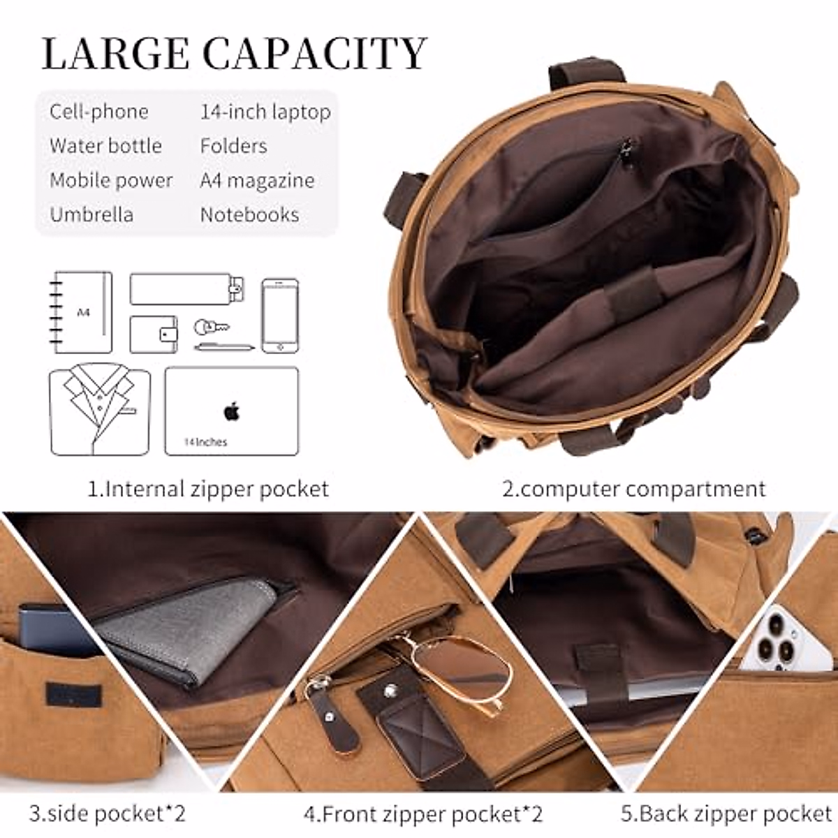 Canvas Messenger Bag for Men, 15 Inch Water Resistant Laptop Bag, Crossbody Bag for Work Office Travel Casual with Adjustable Shoulder Strap(Brown)