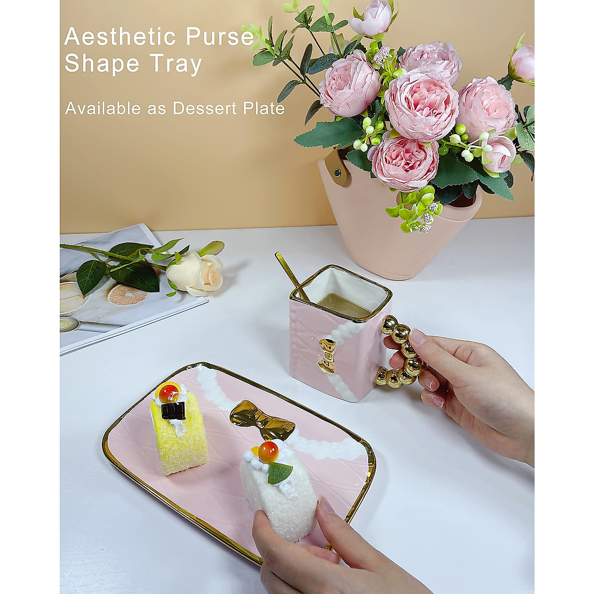 SISETOP Handbag Shaped Mug and Saucer, 10.5 OZ Purse Coffee Mug Set, Handmade Cute Mugs with Spoon & Pearl Beaded Handle, Porcelain Coffee Cups for Women, Girls, Birthday, Christmas, Gift, Pink