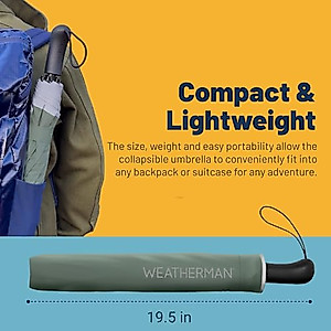 Weatherman Umbrella - Premium Collapsible Small Travel Umbrella Compact - Windproof Umbrella Resists Up to 55 MPH Winds - Travel Umbrellas for Rain, Wind, Backpack, Car Umbrella - Portable Compact Umbrella Easy Auto Open w/ Strong Fiberglass Frame - Foldi