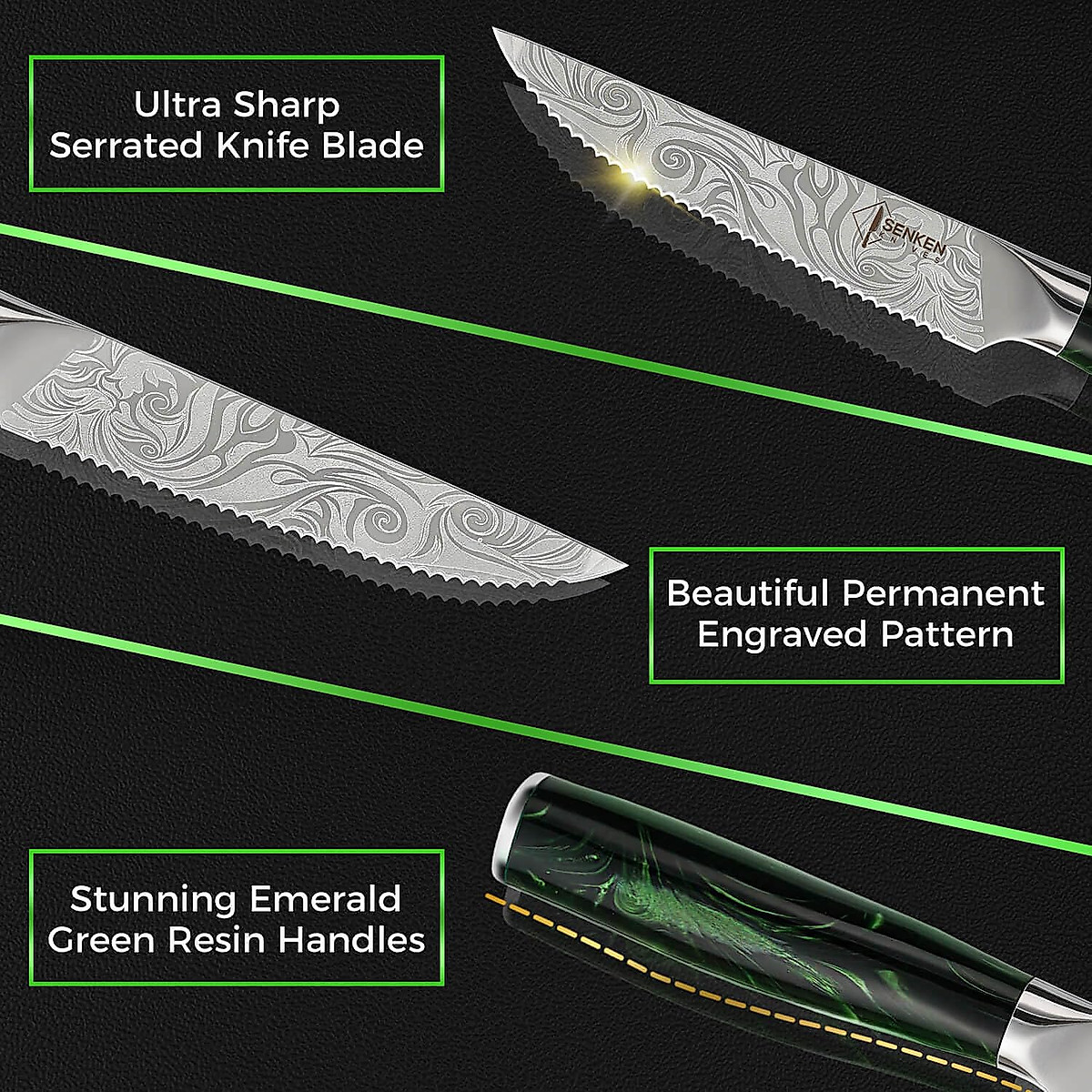 SENKEN Professional Steak Knife Set with Beautiful Engraved Pattern - Wasabi Collection - Razor Sharp Serrated High Carbon Steel & Emerald Green Resin Handle (6 Piece Steak Knife Set)