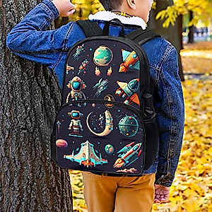 Space Backpack for School Girls Boys Rocket Astronauts Bookbag with Lunch Box 17 Inch Large Laptop Backpack 4 pcs Set