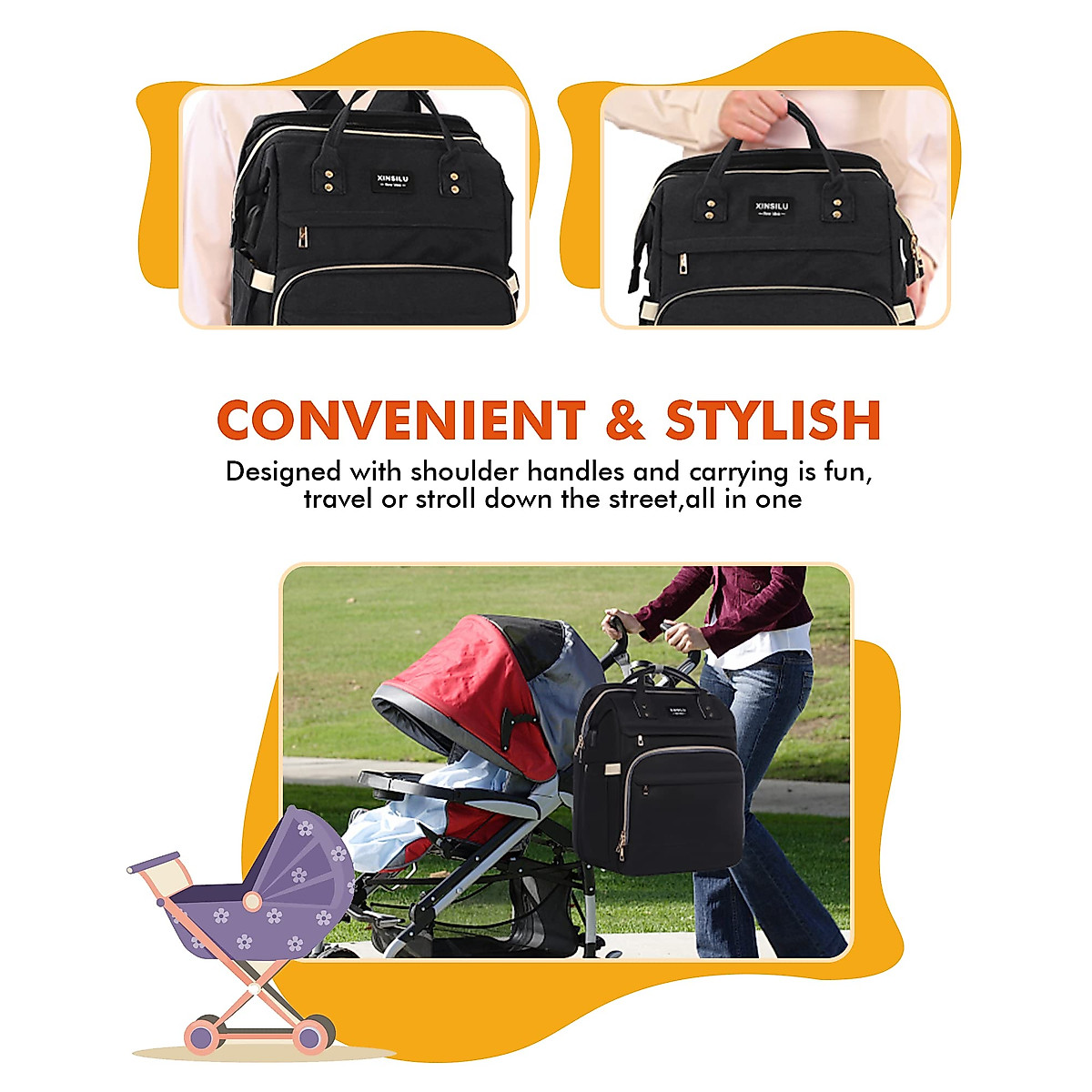 Xinsilu Diaper Bag Backpack Large Baby Diaper Bags for Boys & Girls with Changing Station, Changing Bags Baby Registry Search Waterproof Stylish Newborn Baby Essential Gifts Black…