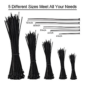 NewMainOne Cable Zip Ties,500 Packs Self-Locking 4+6+8+10+12-Inch Width 0.16inch Nylon Cable Ties,Perfect for Home,Office,Garage and Workshop (Black)