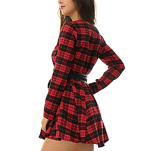 Allegra K Women's Christmas Plaid Dress Long Sleeve Button Down Belted Mini Shirtdress Small Red