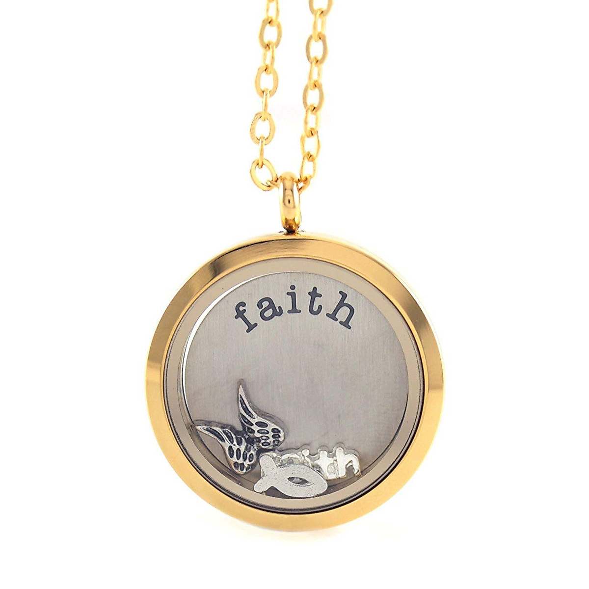 BG247 Stainless Steel 30mm Glass Floating Memory Living Locket Circle Necklace (Gold Circle, No Stone)