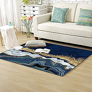 KNSVJBENID Area Runner Rug NonSlip Throw Rugs Abstract Background Blue Agate with Golden Veins White Marble Fake Carpet Patio Door Mat for Living Room Home Decor Multi 3inchx5inch