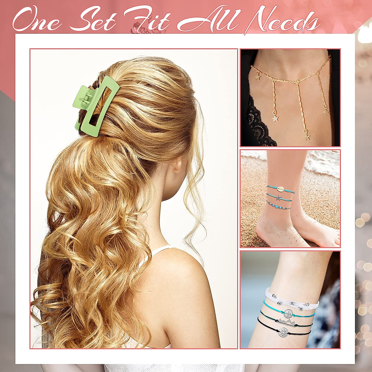 49 Pcs Jewelry Set for Teen Girls - Bracelets, Necklaces, Hair Clips in Silver, Gold - Surfer, Layered, Charming Summer Accessories