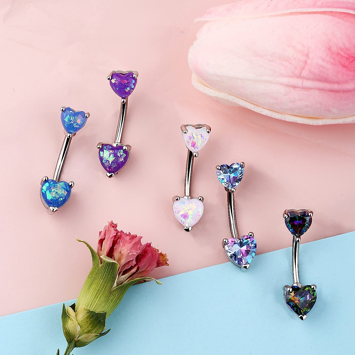 Melighting 14G Belly Button Rings 316L Surgical Steel Double Heart Belly Bars Opal Clear CZ Belly Rings Belly Piercing Jewelry Navel Ring Navel Piercing Jewelry for Women