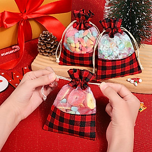 MIMIND 48 Pack Christmas Linen Burlap Sheer Bags with Drawstring Red and Black Buffalo Plaid Burlap Organza Bags Small Drawstring Burlap Gift Bag for Xmas Wedding Birthday Party Favors, 4 x 6 Inch