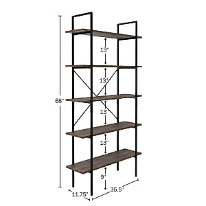 Lavish Home 5-Tier Bookshelf – Open Industrial Style Wooden Bookcase – Freestanding Shelving Unit for Home or Office (Brown Woodgrain) Set of 2