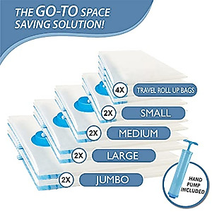 12 Pack Vacuum Storage Bags, Space Saver Bags (2 Jumbo/2 Large/2 Medium/2 Small/4 Roll) Compression Storage Bags for Comforters and Blankets, Vacuum Sealer Bags for Clothes Storage, Hand Pump Included