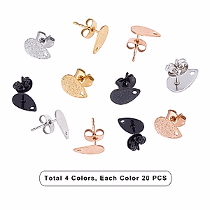 UNICRAFTALE About 80pcs Vacuum Plating 304 Stainless Steel Hypoallergenic Stud Earring Findings,Neutral Style with Texture, Teardrop Shape, 4 Color Mixed Earring Set