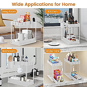 EWU Under Sink Organizers and Storage, 2 Tier Under Sink Organizer with Sliding Storage Drawer, Multi-purpose Storage Shelf for Kitchen Bathroom Bedroom with Hanging Cup and 5 Hooks, White