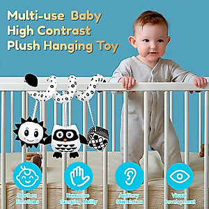 Ebrima Baby Spiral Activity Car Seat Toys, Black and White Baby Toys, High Contrast Baby Sensory Toys, Newborn Hanging Plush Stroller Toys for 0 3 6 9 12 Months Boys Girls (Owl)
