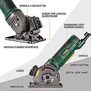Mini Circular Saw, TECCPO 4.8Amp Compact Circular Saw, 3700RPM, with Laser Guide, Scale Ruler, Vacuum Port, 3 Blades for Cutting Woods, Tile and Soft Metal. Ideal Design for Small Projects -TAPS22P