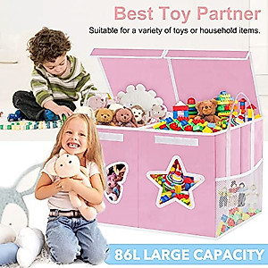 Toy Box for Girls-Large Toy Chest Organizers and Storage with Star Butterfly Transparent Windows,Double Flip-Top Lids,2 Sturdy lengthen Handles and 2 Mesh Bags for Kids,Boys,Nursery,Play Room(Pink)