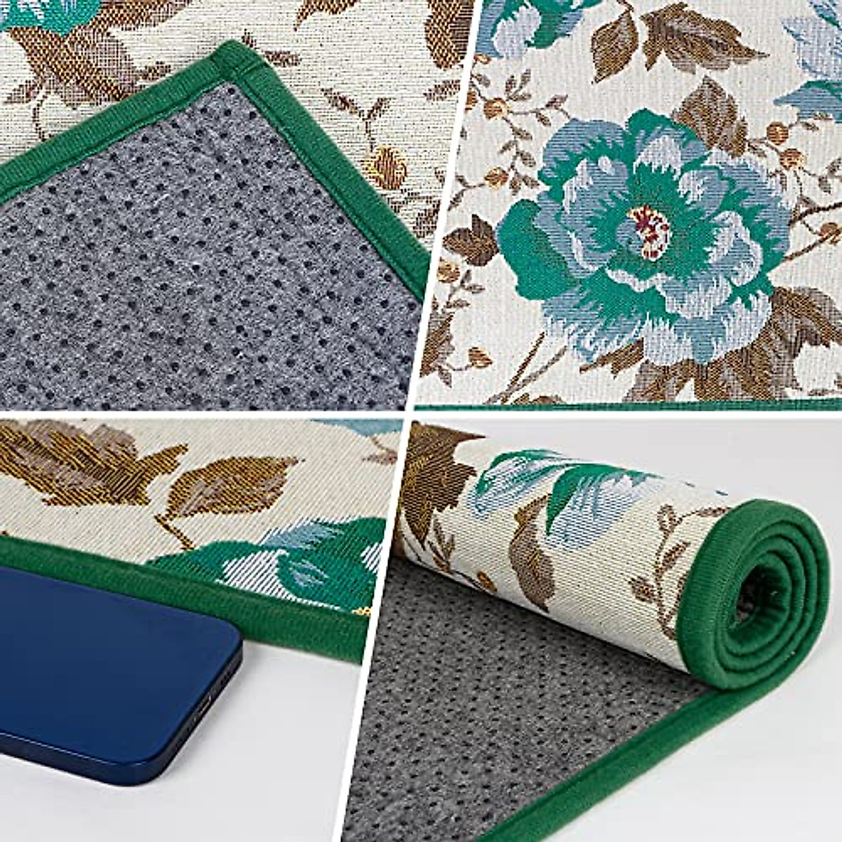 yazi Fabric Kitchen Mat Area Rug Green Striped Flower Non-Slip Rubber Backing Floomat,47x18 Inches