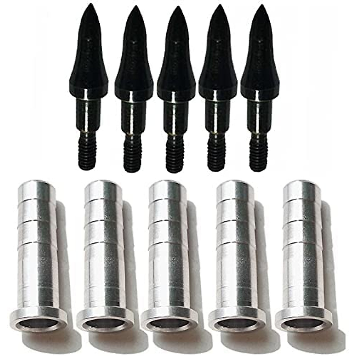 JJZS 12 Pack Steel Archery 75 Grain Field Points with 12 Pack Aluminum Arrow Inserts, Target Practice Arrow Tips and Inserts for 5/16 inch Carbon Arrows