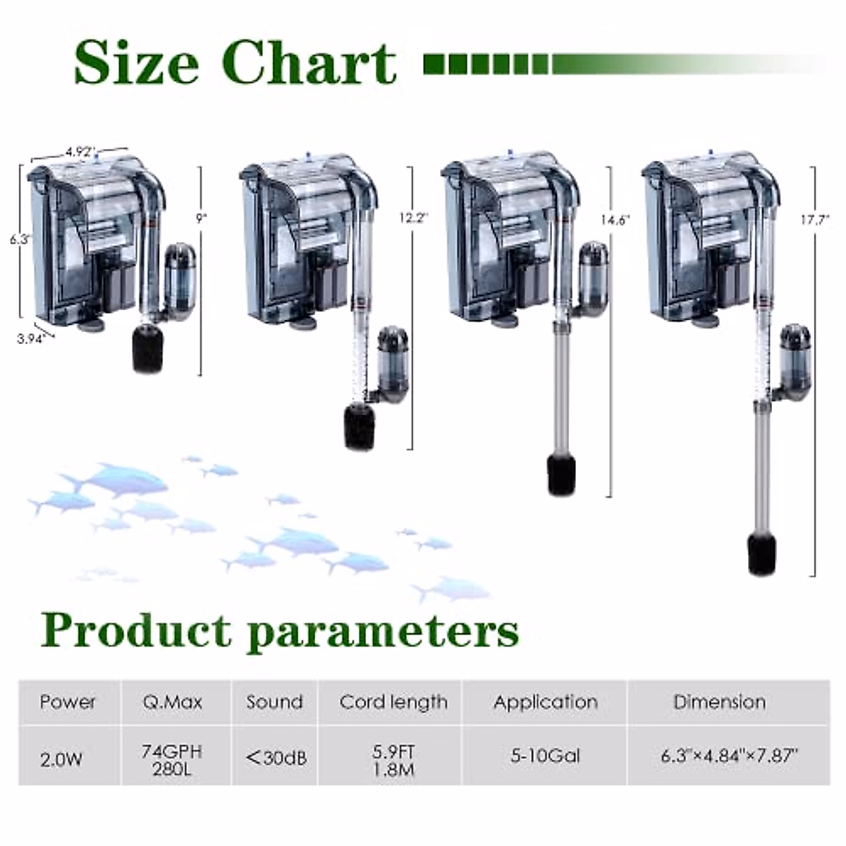 AQQA Aquariums Power Filter 74GPH,External Hang On Fish Tank Sponge Filter with Surface Skimmer,Adjustable Flowrate 3-Step Cascade Aquarium Filtration for Freshwater Saltwater 5-10 Gallon