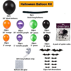 Halloween Balloon Garland Arch kit 165pcs with Halloween Spider Web and Bat,Black Orange Green Purple Balloons Spider Balloons for Halloween Day Party Decorations