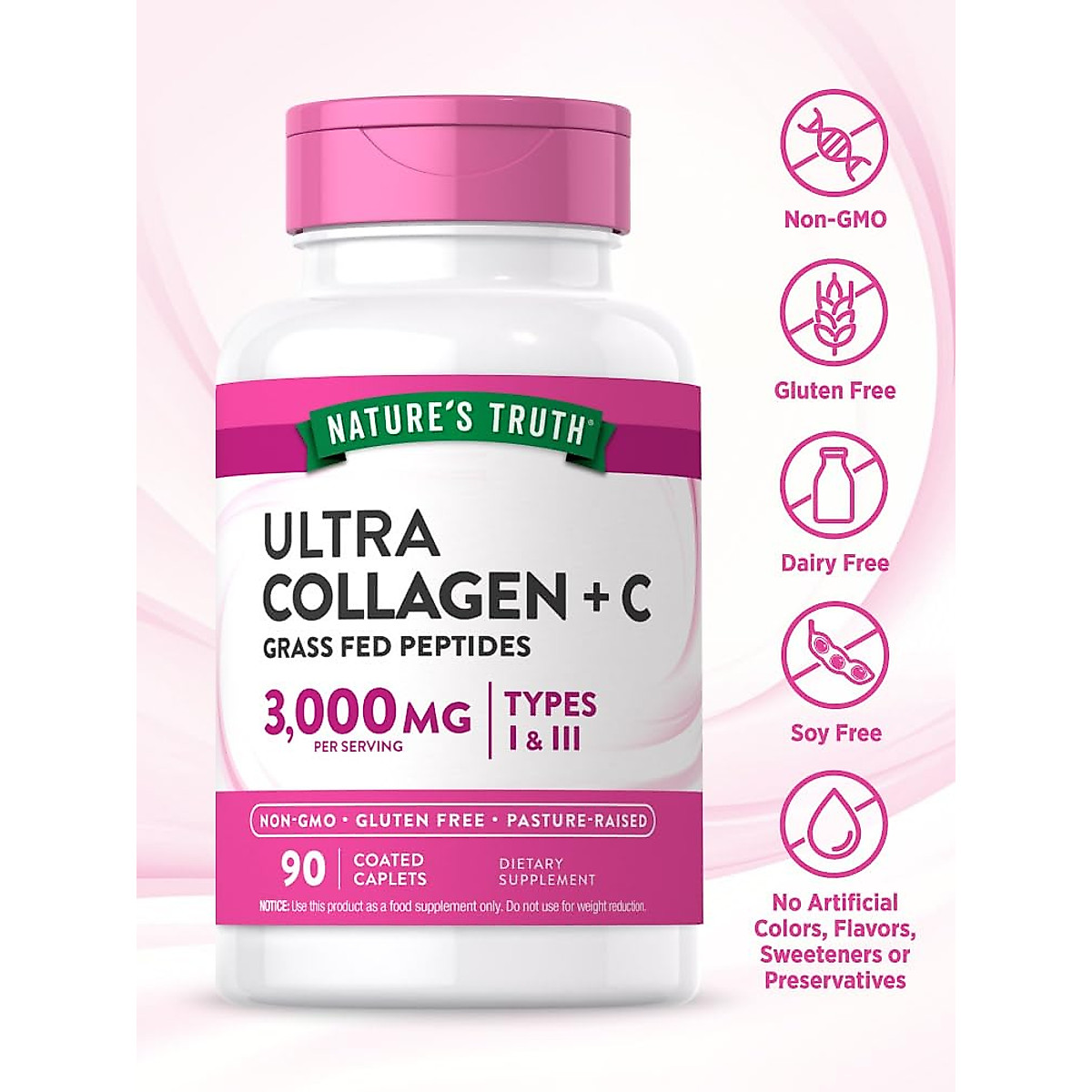 Nature's Truth Collagen Peptides | 90 Caplets | Type 1 and 3 with Vitamin C | Grass Fed, Non-GMO and Gluten Free Pill Supplement