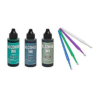 Ranger Alcohol Ink Bundles - Larger 2oz. Bottles of Alcohol Ink with PTP Flash Deals Blending Sticks (ICE: Laguna, Monsoon, Moss)