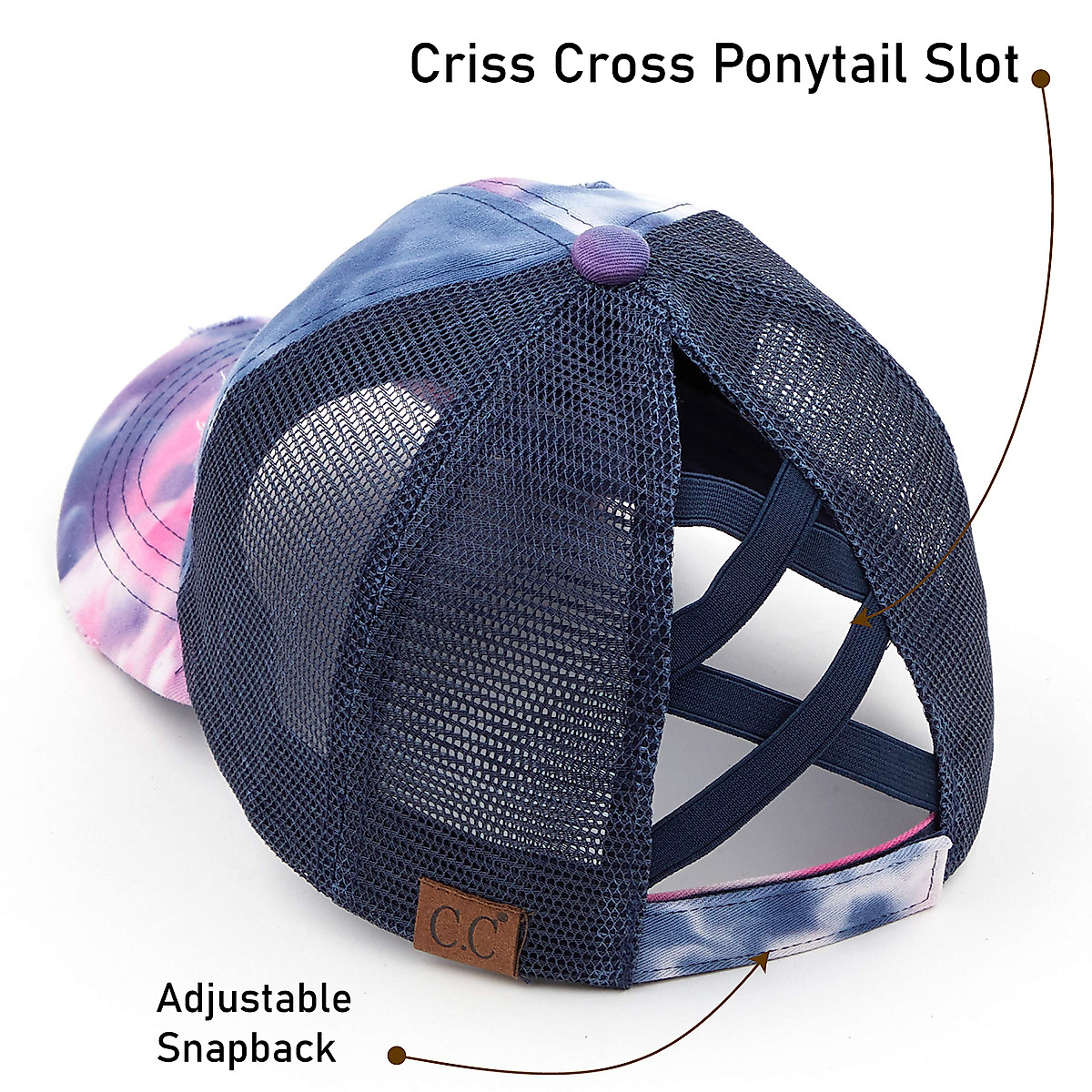 C.C Exclusives Washed Distressed Cotton Denim Criss-Cross Ponytail Hat Baseball Cap Bundle Hair Tie (BT-924) (A Elastic Band-Tie-Dye Navy with Mesh)