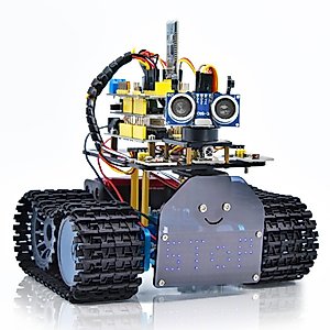 KEYESTUDIO Mini Tank Robot V2 Smart Car Kit for Arduino, IR Infrared and App Remote Control (iOS and Android), Light and Ultrasonic Follow, 8X16 LED Panel, Ultrasonic Obstacle Avoidance