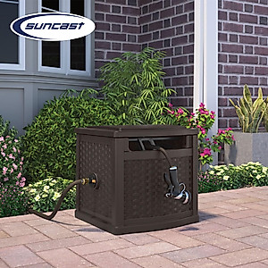Suncast 150 Foot Slide Trak Outdoor Garden Wicker Resin Water Hose and Reel Hideaway with Brass Connections for Patio or Backyard, Java