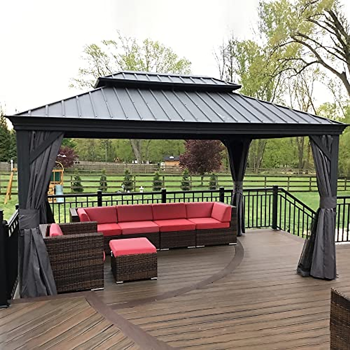PURPLE LEAF 10' X 14' Permanent Hardtop Gazebo Aluminum Gazebo with Galvanized Steel Double Roof for Patio Lawn and Garden, Curtains and Netting Included, Grey