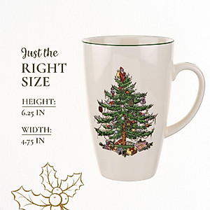 Spode Christmas Tree Latte Mug - 22 Oz Holiday Coffee Cup for Tea, Hot Cocoa, and More - Classic Green Banded Christmas Tree Design - Dishwasher & Microwave Safe Fine Earthenware Mug