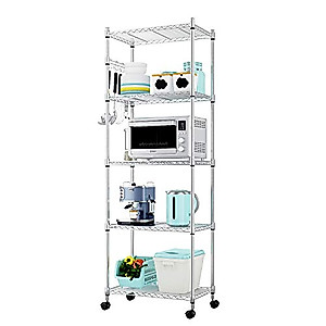 Devo 5-Tier Shelf Shelves for Storage, Wire Shelving Storage Racks, Heavy Duty Shelving, Adjustable Metal Shelf for Garage, Pantry, Kitchen, Side Hooks, Silver(14" D x 24" W x 71" H)