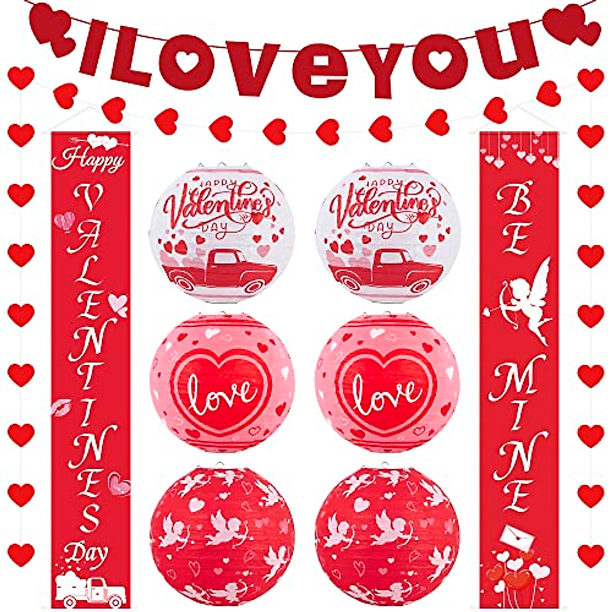 Valentines Day Decor, Valentine's Banner I LOVE YOU Heart Banner 6 Pack Paper Lantern, Happy Valentines Banners for Home Fireplace Porch Door, Red Pink Hanging Romantic Decorations Special Night Party