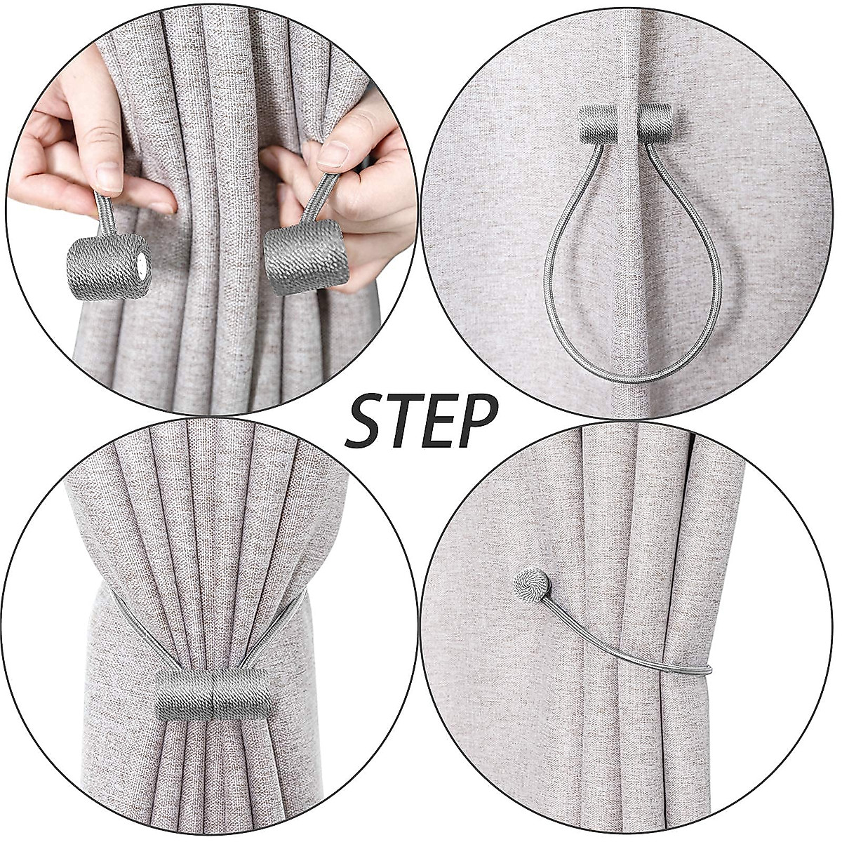 XDerlin 2 Pack Window Curtain Holdbacks Magnetic Curtain Tiebacks, Upgraded 16 Inch Home Office Decorative Twist Tie Backs for Blackout Sheer Window Treatment, Grey