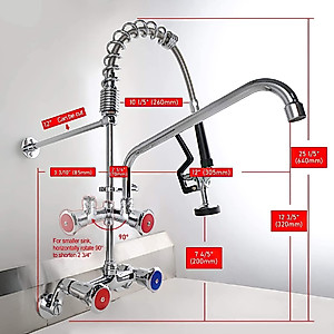 MaxSen Commercial Faucet with Sprayer Wall Mount Faucet Adjustable 4"-8" Center Commercial Kitchen Sink Faucet Pre Rinse Faucet with Spray Valve 25" Height and 12 inch Add on Spout Chrome Finsh