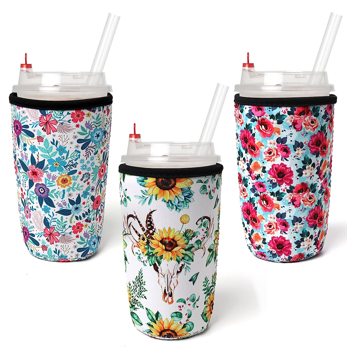 Reusable Iced Coffee Sleeve for Cold Drink Cups, Neoprene Insulator Cup Cover Holder Compatible with Starbucks Dunkin McDonalds Coffee - 3mm Thick (Large Size 30-32oz, Flowers Style