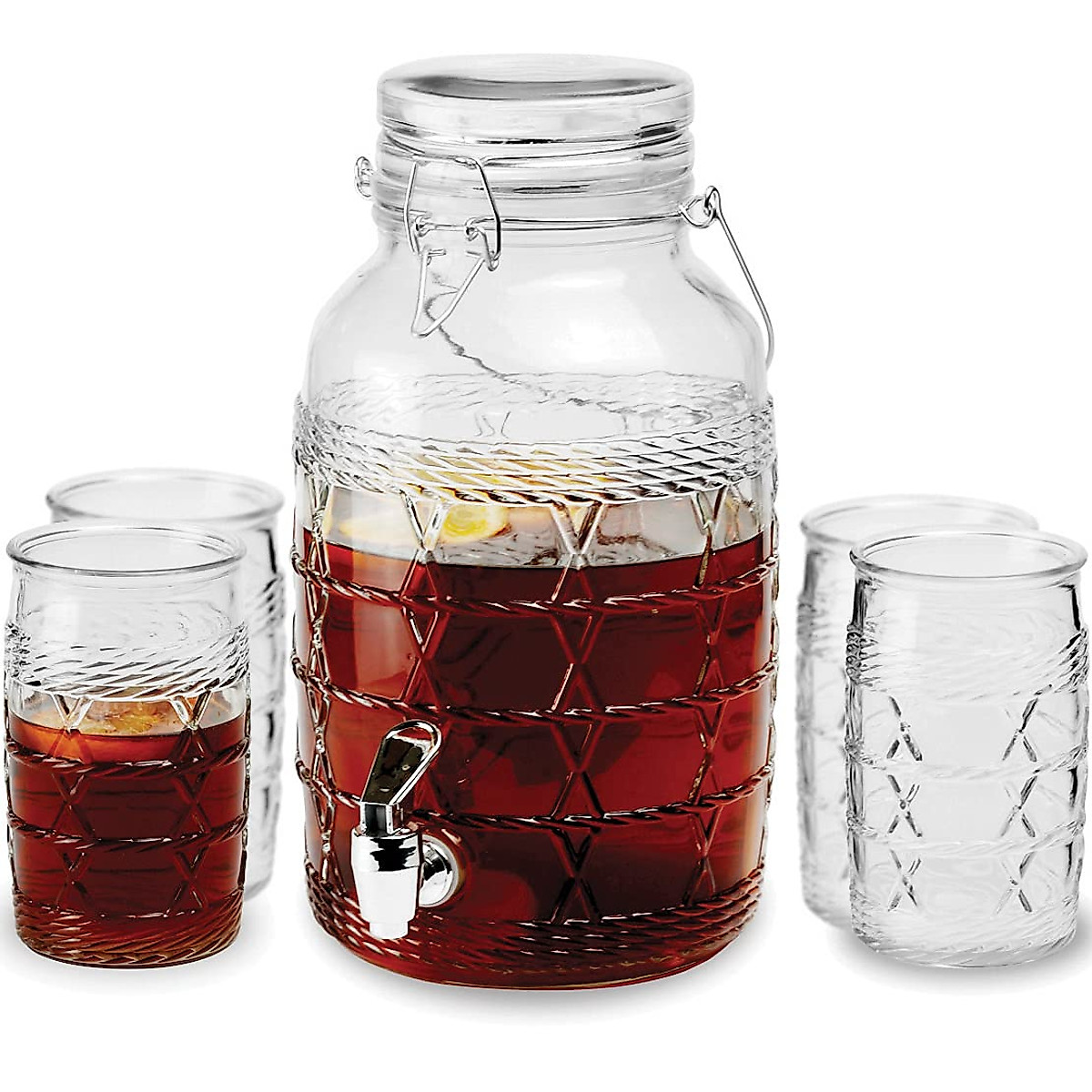 Circleware Wicker Entertainment Set, Beverage Dispenser With Hermetic Locking Lid And 4 Glasses, Glassware Pitcher for Water, Juice, Beer Wine Liquor, Kombucha & Cold Drinks, 128 oz & 4x16 oz