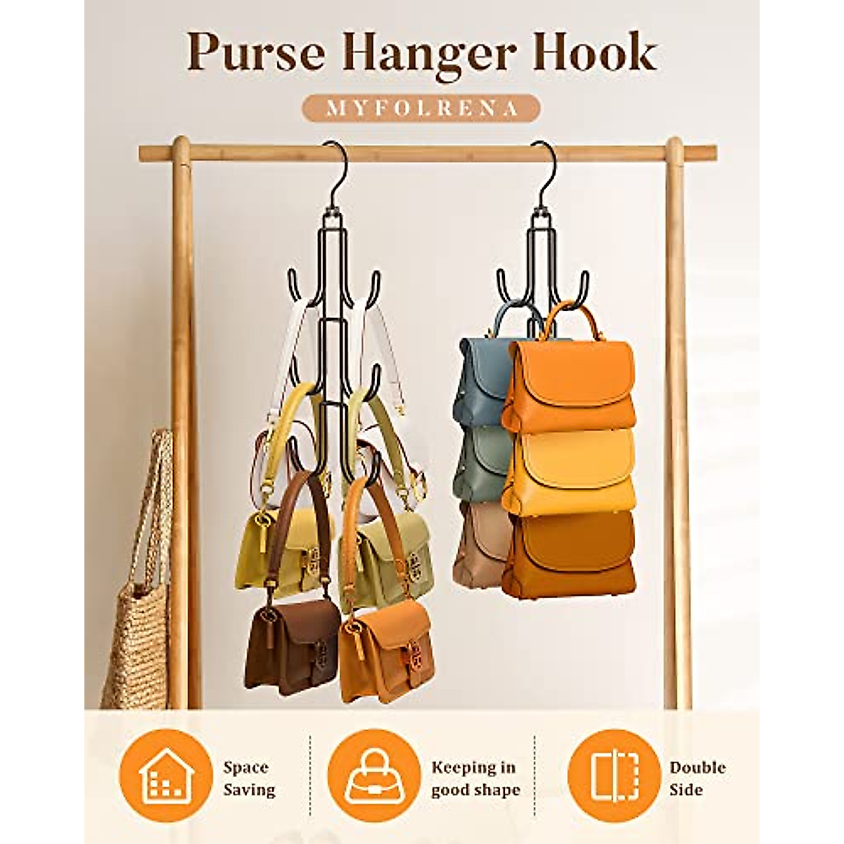 Purses Hanger Organizer for Closet 2 Pack, Myfolrena Metal Purse Holder for Closet Space Saving Bag Storage Hook for Hanging Handbags, Belts,Scarves,Tote,Hats,Clothes,Bags,Ties (Black)