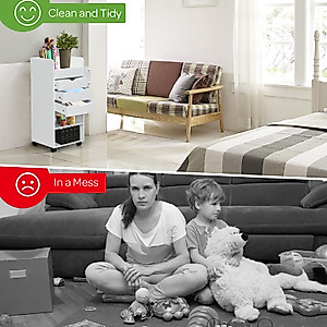 Tangkula Rolling Storage Drawer Cart, Wooden Utility Cart w/ 3 Drawers, 3 Shelves, 3 Slots and 2 Dowels, Organizer Cabinet w/Lockable Casters, Mobile Cart for Study, Living Room, Office, White